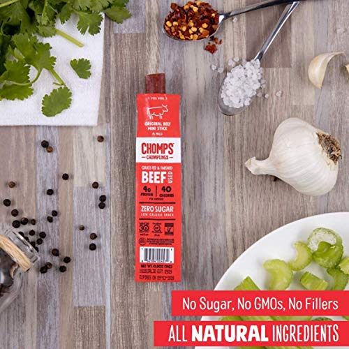 CHOMPS MINI Grass Fed Beef Jerky Meat Snack Sticks 0.5 Oz, Original Beef (Pack of 6)