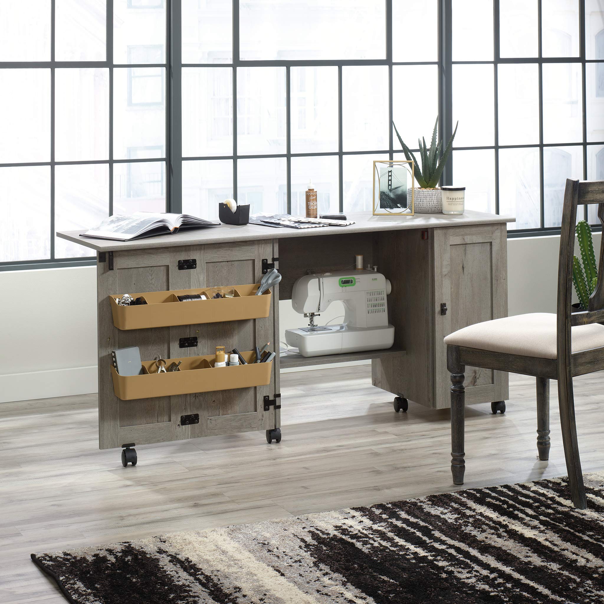 Sauder Miscellaneous Storage Craft & Sewing Armoire, L: 35.112" x W: 21.81" x H: 61.58", Mystic Oak Finish & Miscellaneous Storage Sewing/Craft Cart, Mystic Oak Finish