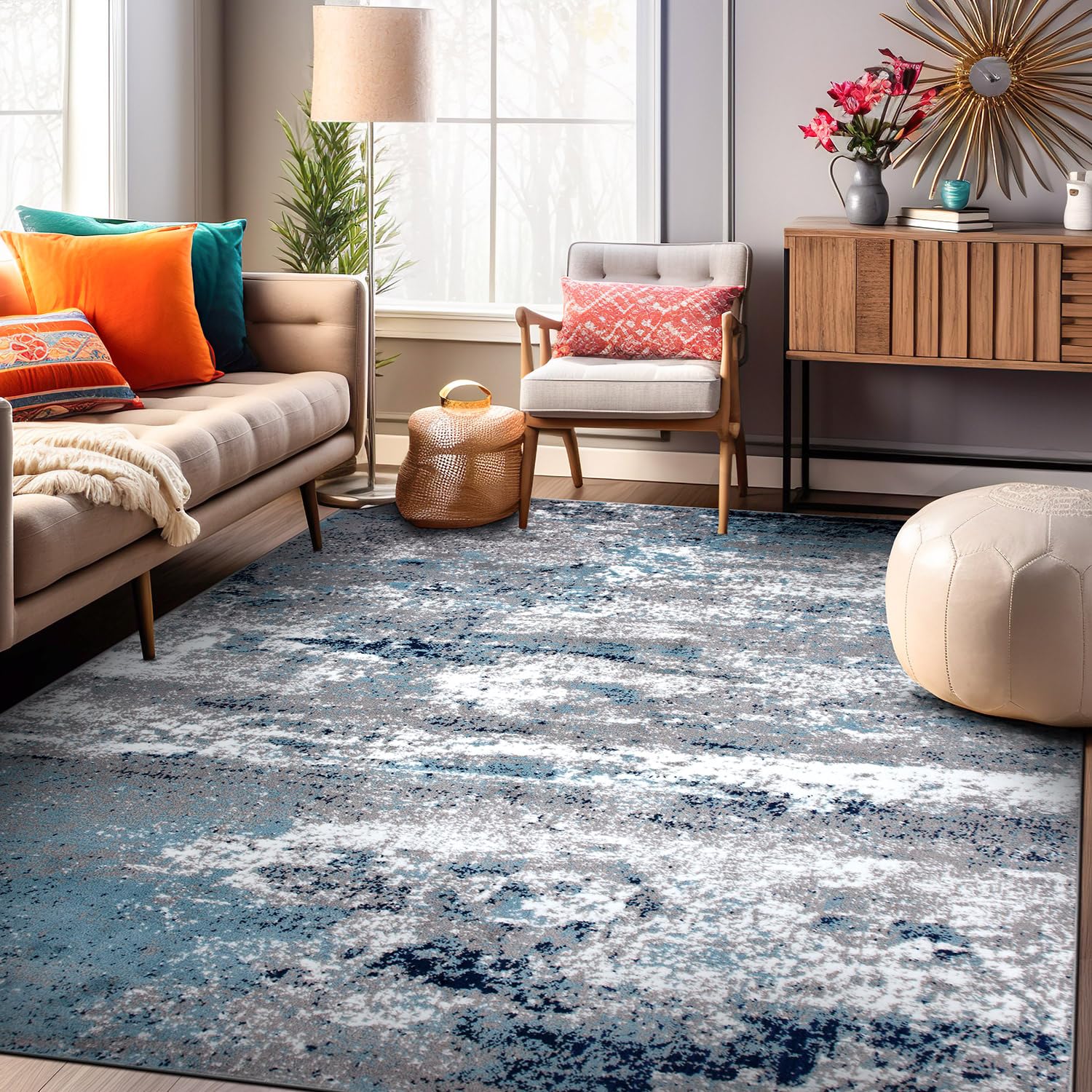 Rugshop Distressed Abstract Watercolor Area Rug 6'6" x 9' Blue