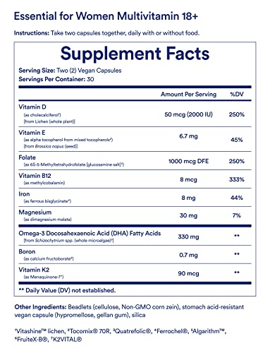 Ritual Multivitamin for Women 18+, Clinical-Backed Multivitamin with Vitamin D3 for Immune Support*, Vegan Omega 3 DHA, B12, Iron, Gluten Free, Non GMO, Mint Essenced, 30 Day Supply, 60 Capsules