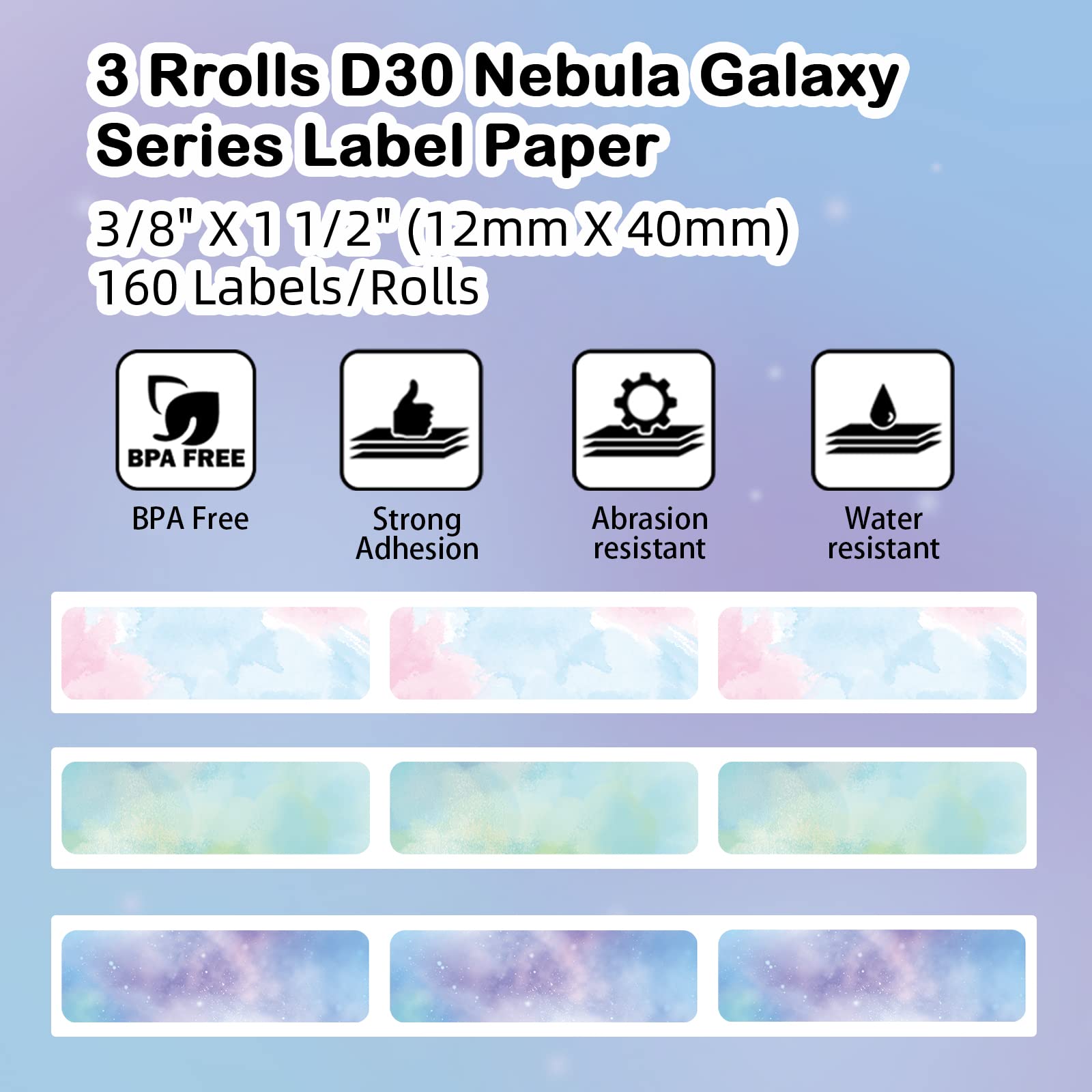Phomemo D30 Labels - Nebula/Galaxy Series Adhesive Thermal Labels, 12mm x 40mm, 3 Rolls (160 Labels Each),Phomemo D30 Label Maker Tape for Gift Wrapping, Christmas, New Year and Various