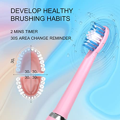 SHAOJIER Sonic Electric Toothbrush, Electronic Toothbrush for Adults with 8 Brush Heads,Rechargeable Electric Toothbrush with Travel case, 40 Day Endurance, 3 Modes and Timer, (Pink)