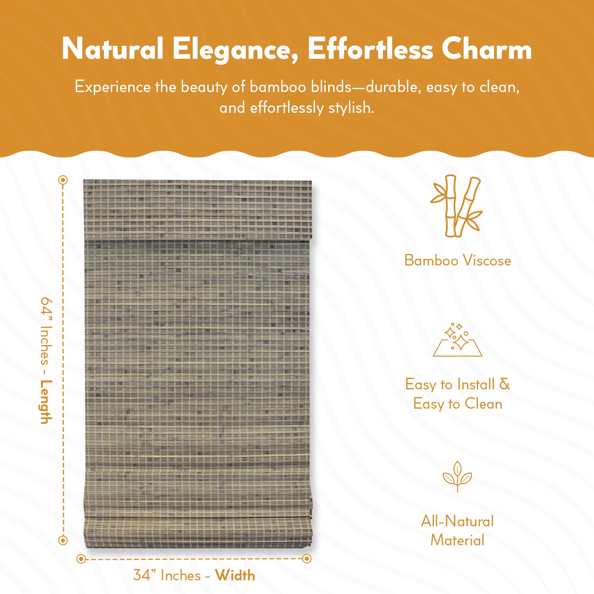 Radiance Cordless Bamboo Roman Shades for Windows - Flatstick Bamboo Blinds for Reduce Bright Light - Bamboo Roman Shades for Home & Offices - Driftwood - 34" W x 64" L - (2208858E)