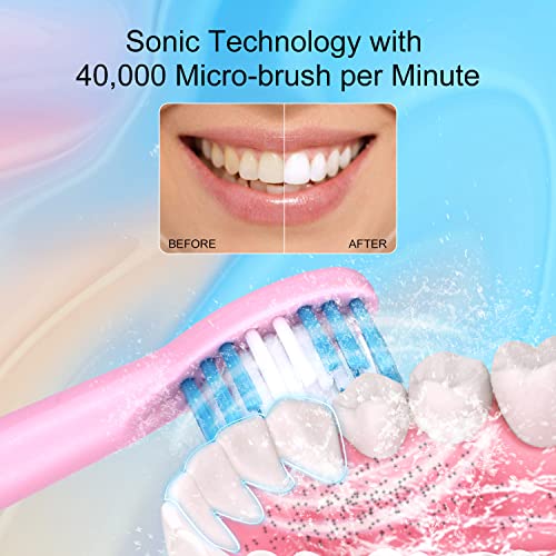 SHAOJIER Sonic Electric Toothbrush, Electronic Toothbrush for Adults with 8 Brush Heads,Rechargeable Electric Toothbrush with Travel case, 40 Day Endurance, 3 Modes and Timer, (Pink)