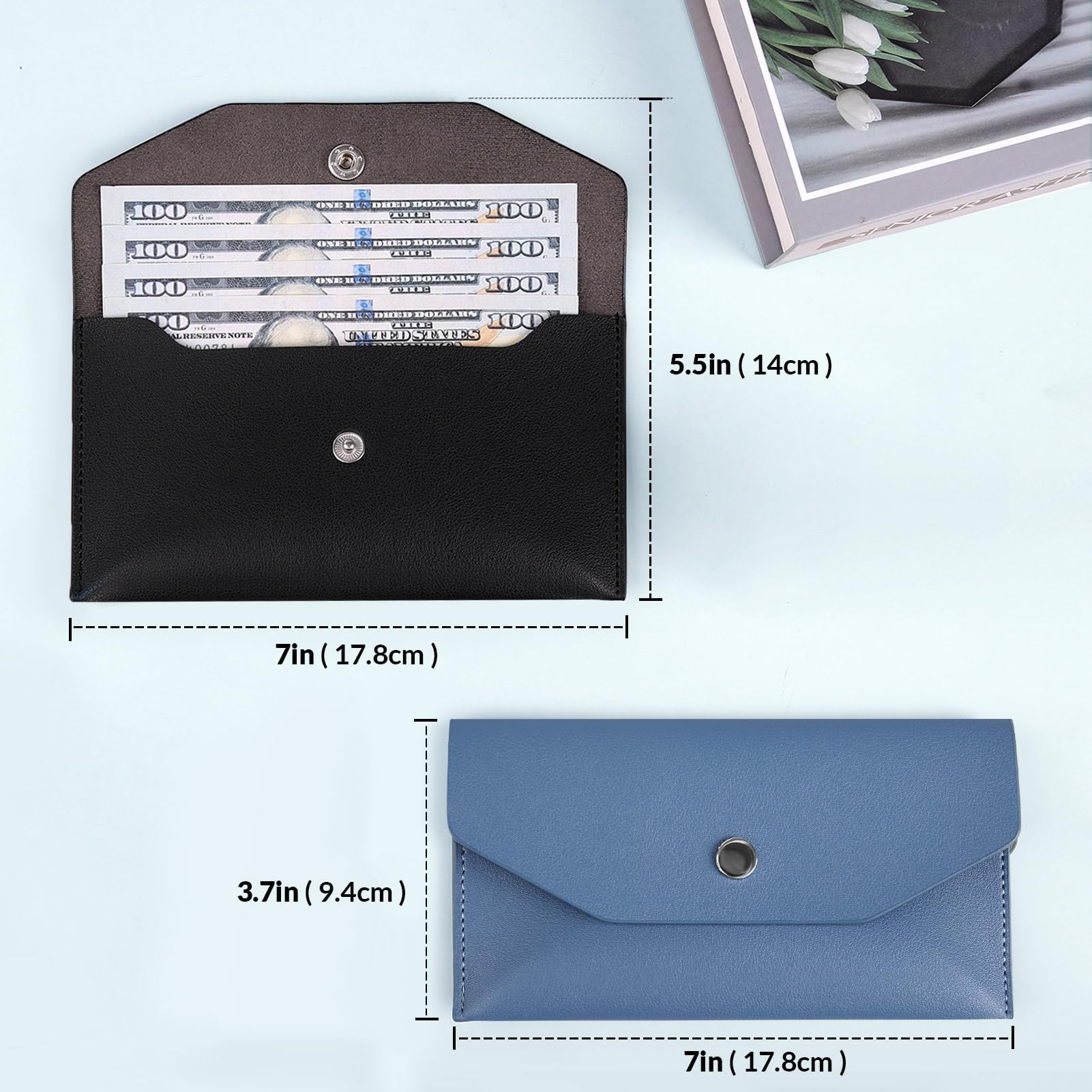 SKYDUE Cash Envelopes, PU Leather Money Envelopes for Cash, Reusable Money Pouch Bag for Cash Saving, Waterproof Cash Envelope Wallet, Budget Cash Envelopes, 2 Pieces (Blue & Black)