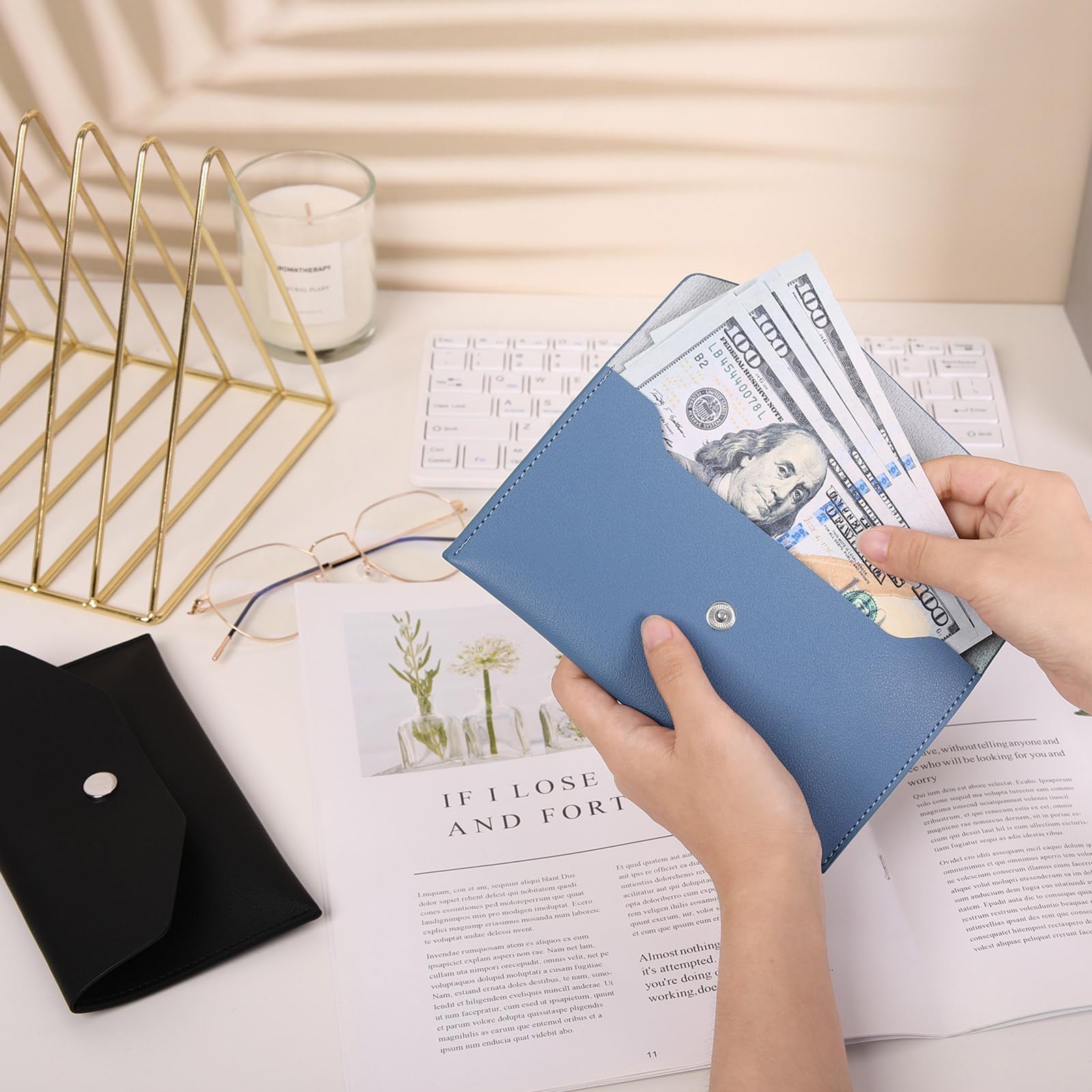 SKYDUE Cash Envelopes, PU Leather Money Envelopes for Cash, Reusable Money Pouch Bag for Cash Saving, Waterproof Cash Envelope Wallet, Budget Cash Envelopes, 2 Pieces (Blue & Black)
