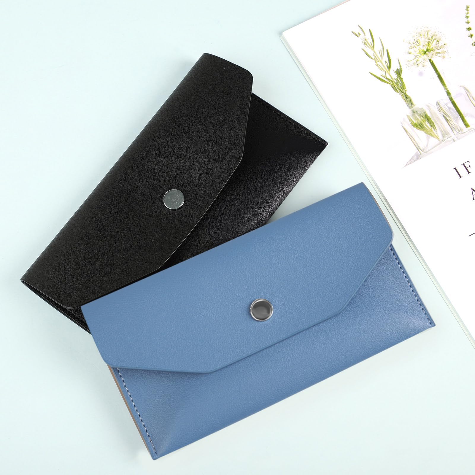 SKYDUE Cash Envelopes, PU Leather Money Envelopes for Cash, Reusable Money Pouch Bag for Cash Saving, Waterproof Cash Envelope Wallet, Budget Cash Envelopes, 2 Pieces (Blue & Black)