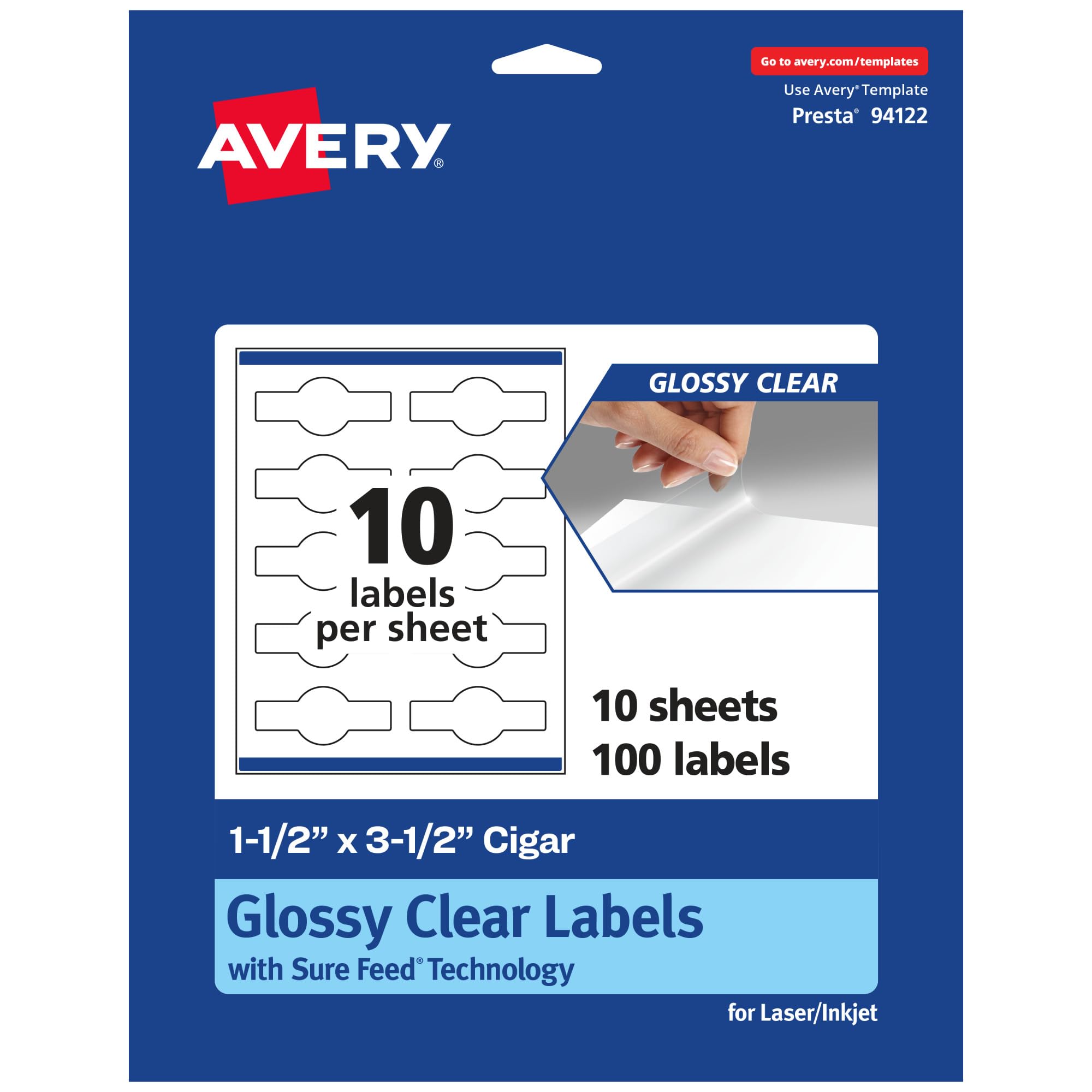 Avery Glossy Clear Cigar Labels with Sure Feed, 1.5" x 3.5", 100 Glossy Clear Labels, Print-to-The-Edge, Laser/Inkjet Printable Labels