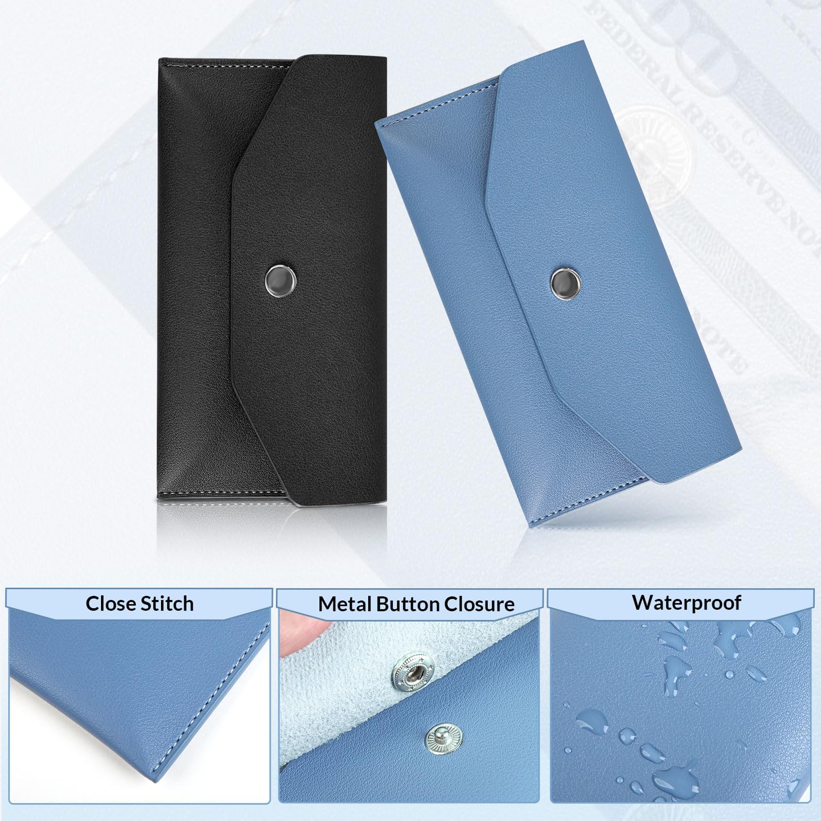 SKYDUE Cash Envelopes, PU Leather Money Envelopes for Cash, Reusable Money Pouch Bag for Cash Saving, Waterproof Cash Envelope Wallet, Budget Cash Envelopes, 2 Pieces (Blue & Black)