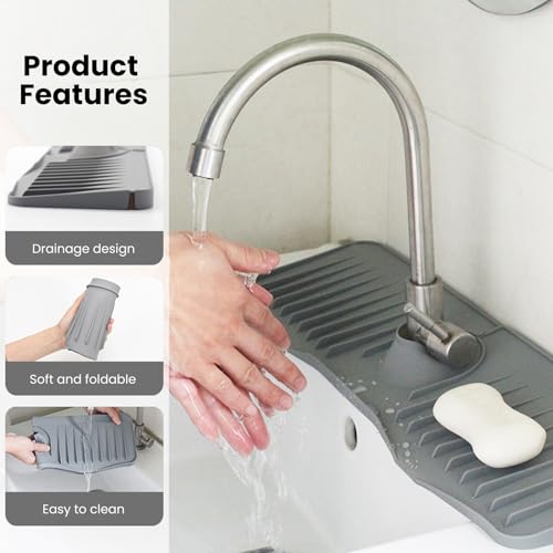 Self-draining Kitchen Sink Splash Guard Wall-mounted Faucet Drain Pad Durable Silicone for Clean Grey L