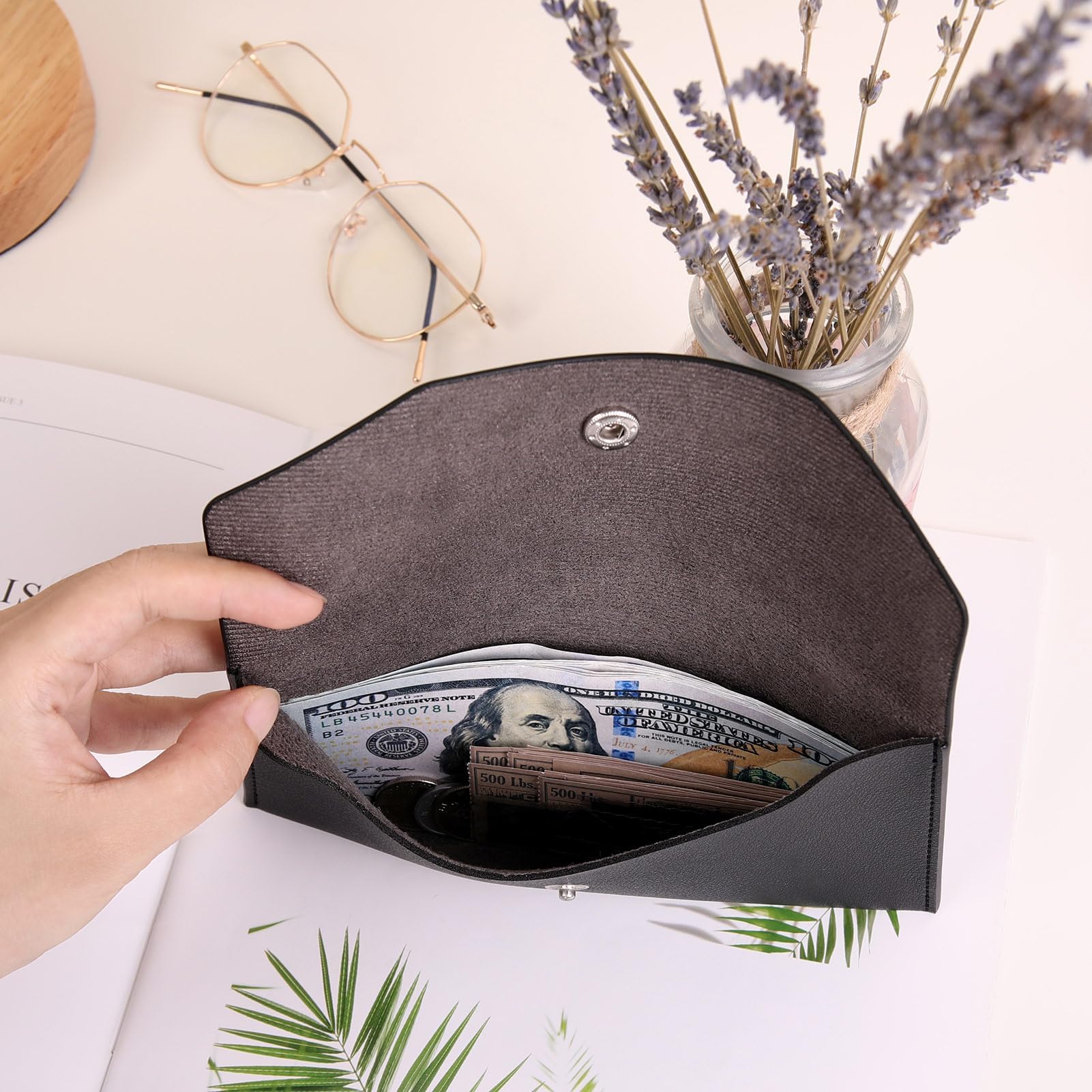 SKYDUE Cash Envelopes, PU Leather Money Envelopes for Cash, Reusable Money Pouch Bag for Cash Saving, Waterproof Cash Envelope Wallet, Budget Cash Envelopes, 2 Pieces (Blue & Black)