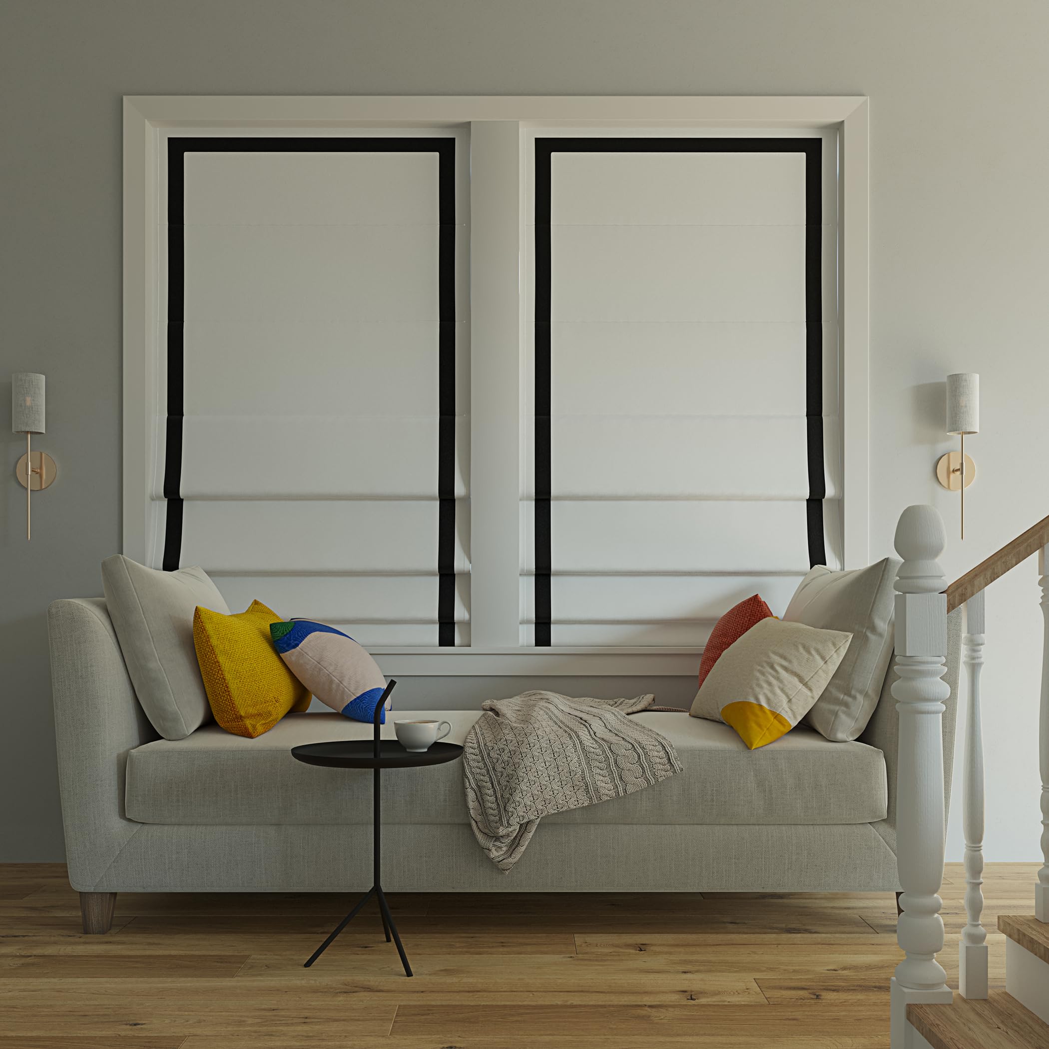 Sun Zero Denna Black Ribbon Border Stripe 100% Blackout Cordless Roman Shade, 33" x 64", Black/White
