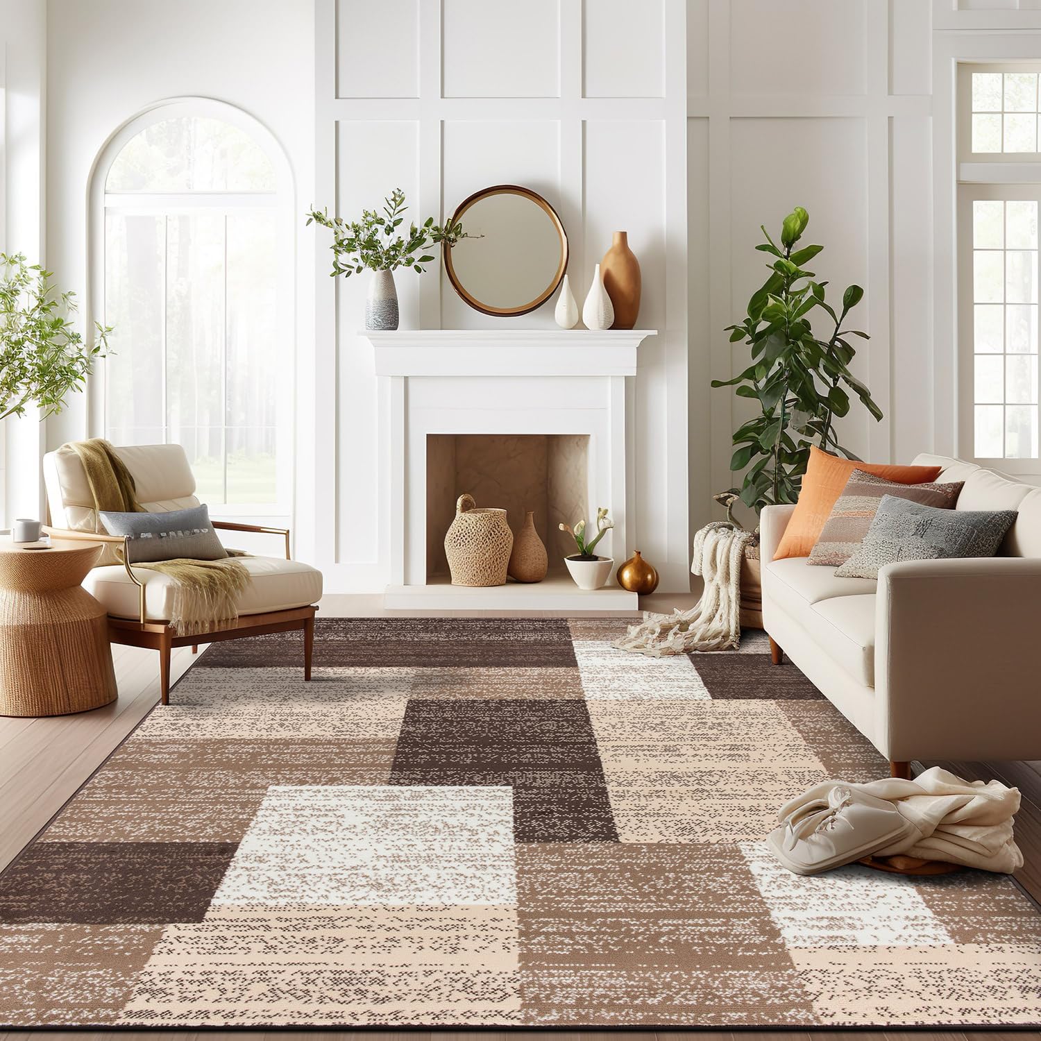 Rugshop Contemporary Distressed Boxes Soft Area Rug 5' x 7' Brown