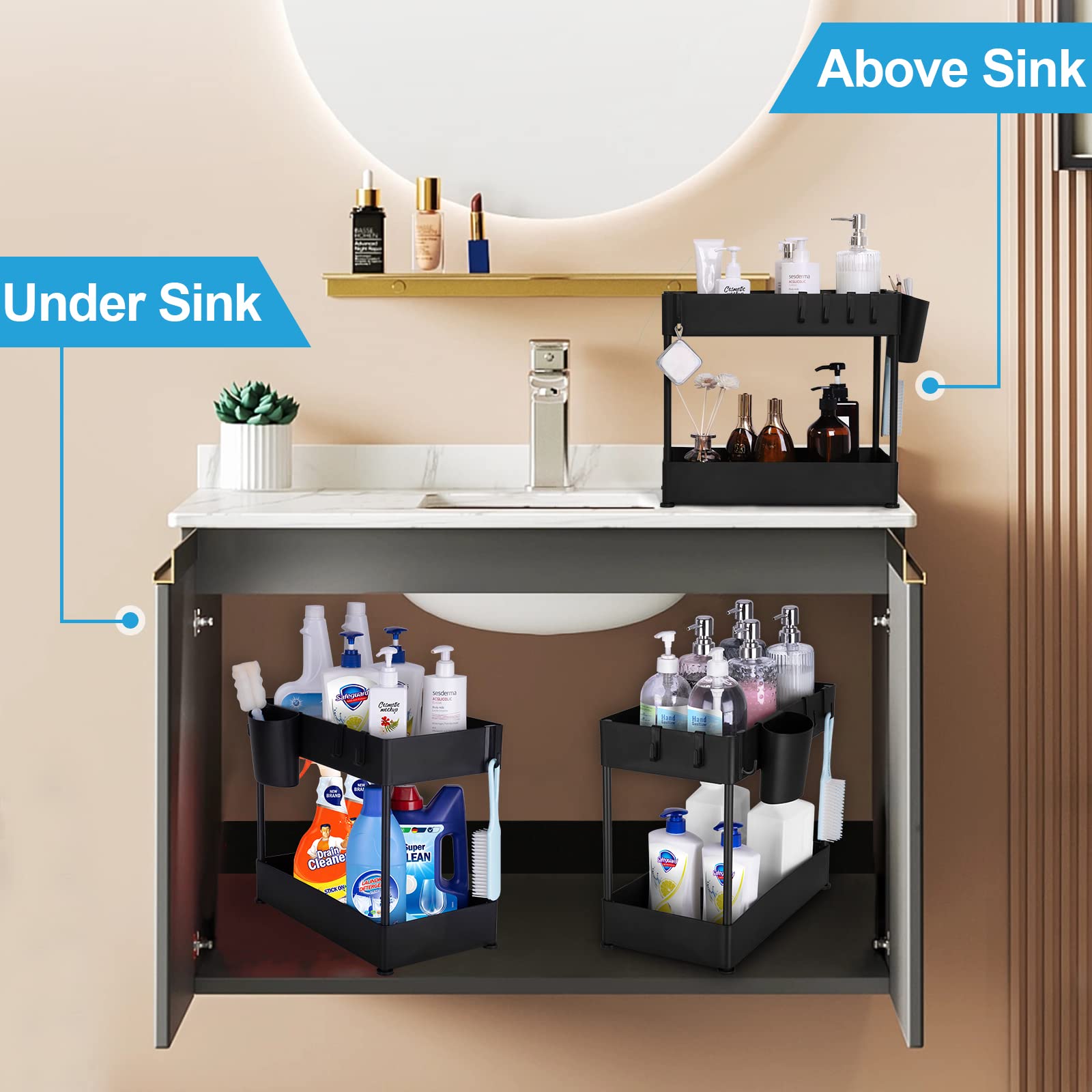 Spurtar 2 Pack Under Sink Organizers and Storage, 2 Tier Bathroom Under Cabinet Storage Multi-purpose Under Sink Storage Rack Bath Collection Baskets for Kitchen with 2 Cups and 12 Hooks, Black