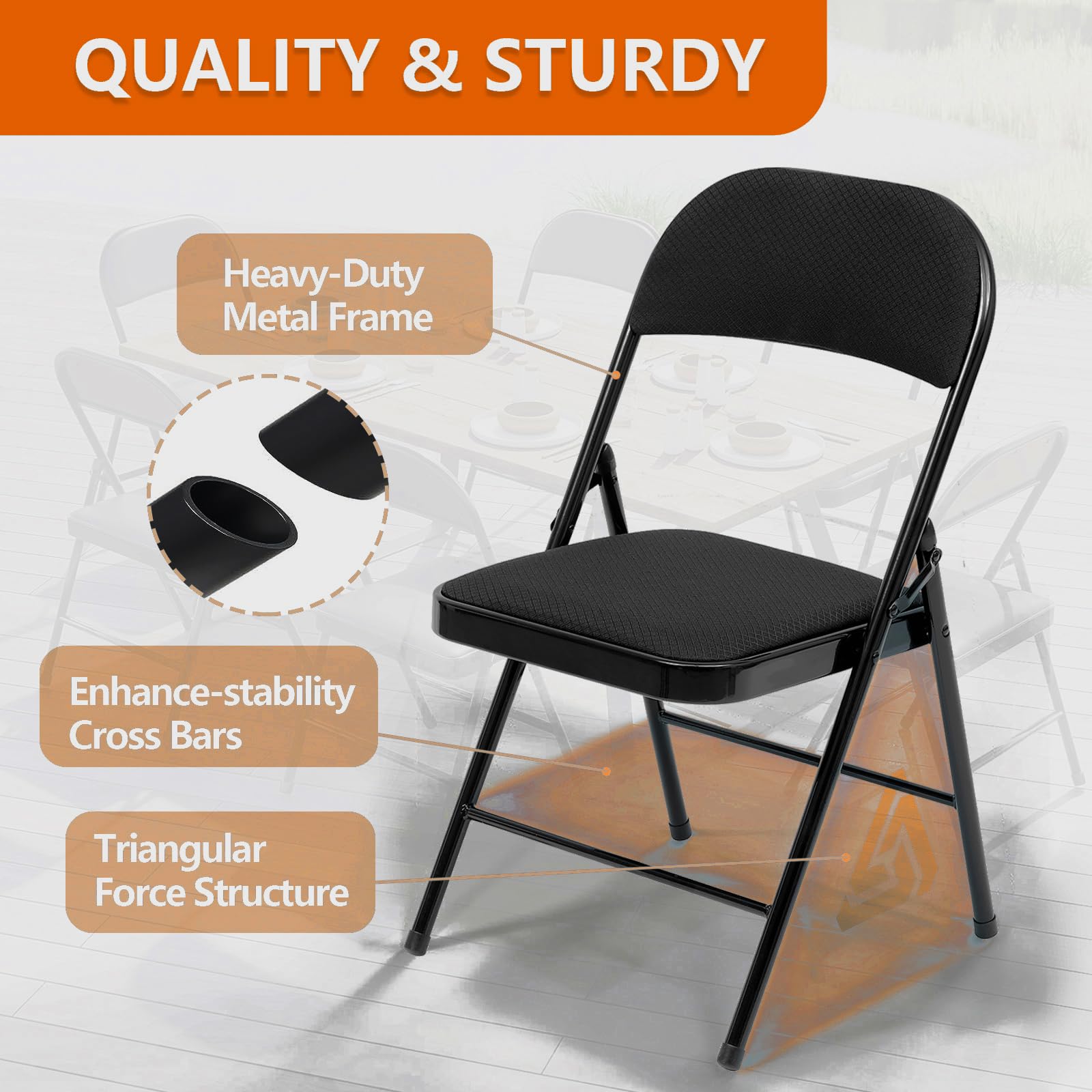 Fenbeli Folding Chairs with Padded Seats - 4 Pack Black Metal Padded Folding Chair with Steel Frame for Events Office Wedding Party, 450 Pound Capacity (Black, Set of 4)