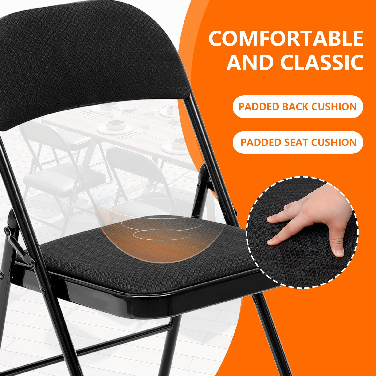 Fenbeli Folding Chairs with Padded Seats - 4 Pack Black Metal Padded Folding Chair with Steel Frame for Events Office Wedding Party, 450 Pound Capacity (Black, Set of 4)