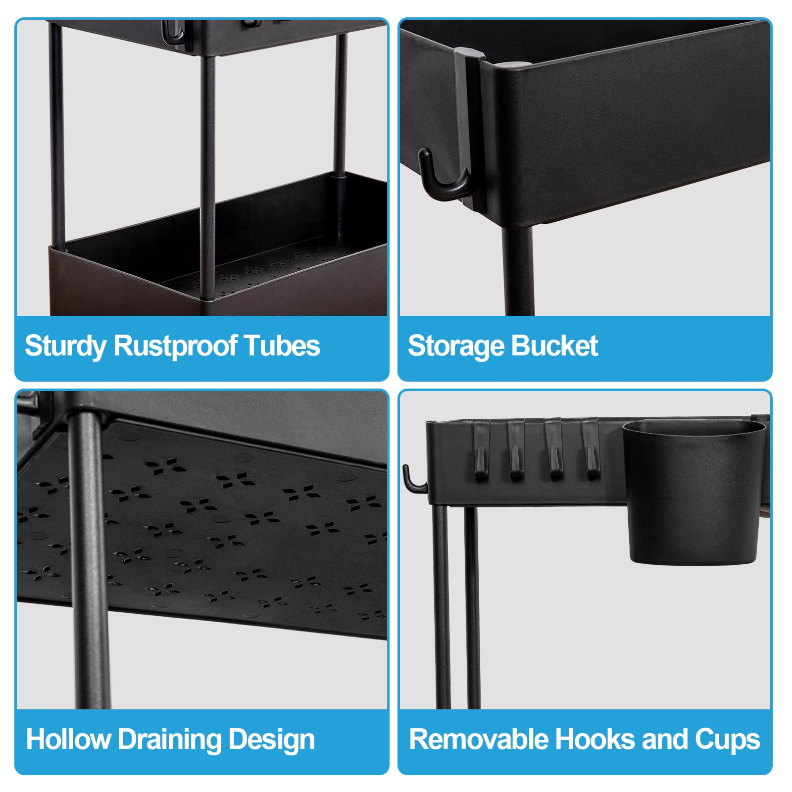 Spurtar 2 Pack Under Sink Organizers and Storage, 2 Tier Bathroom Under Cabinet Storage Multi-purpose Under Sink Storage Rack Bath Collection Baskets for Kitchen with 2 Cups and 12 Hooks, Black