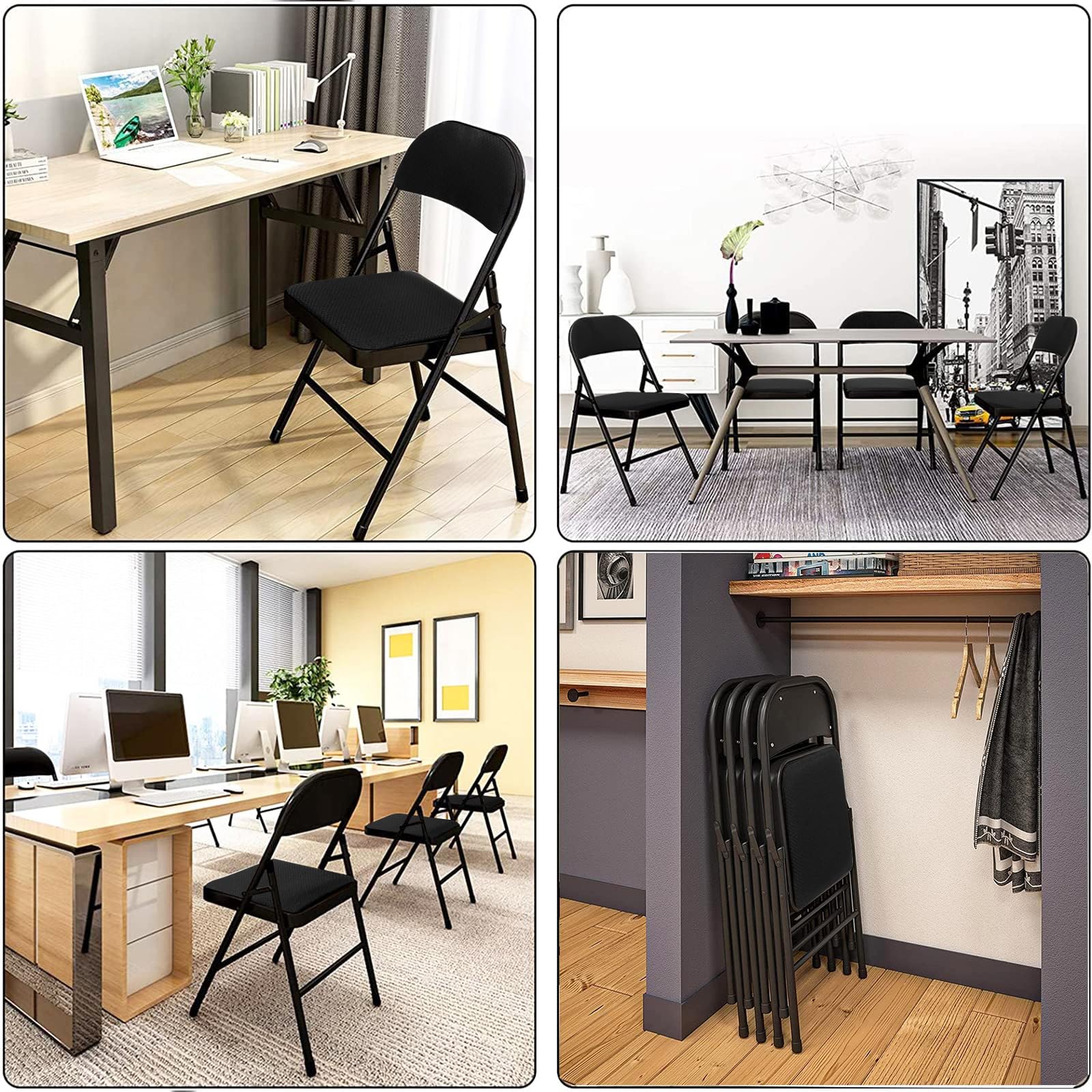 Fenbeli Folding Chairs with Padded Seats - 4 Pack Black Metal Padded Folding Chair with Steel Frame for Events Office Wedding Party, 450 Pound Capacity (Black, Set of 4)