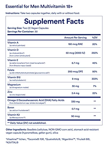Ritual Multivitamin for Men 18+ with Zinc, Vitamin A and D3 for Immune Function Support*, Omega-3 DHA, B12, K2, Gluten Free, Non-GMO, Mint Essenced, 30 Day Supply, 60 Vegan Capsules