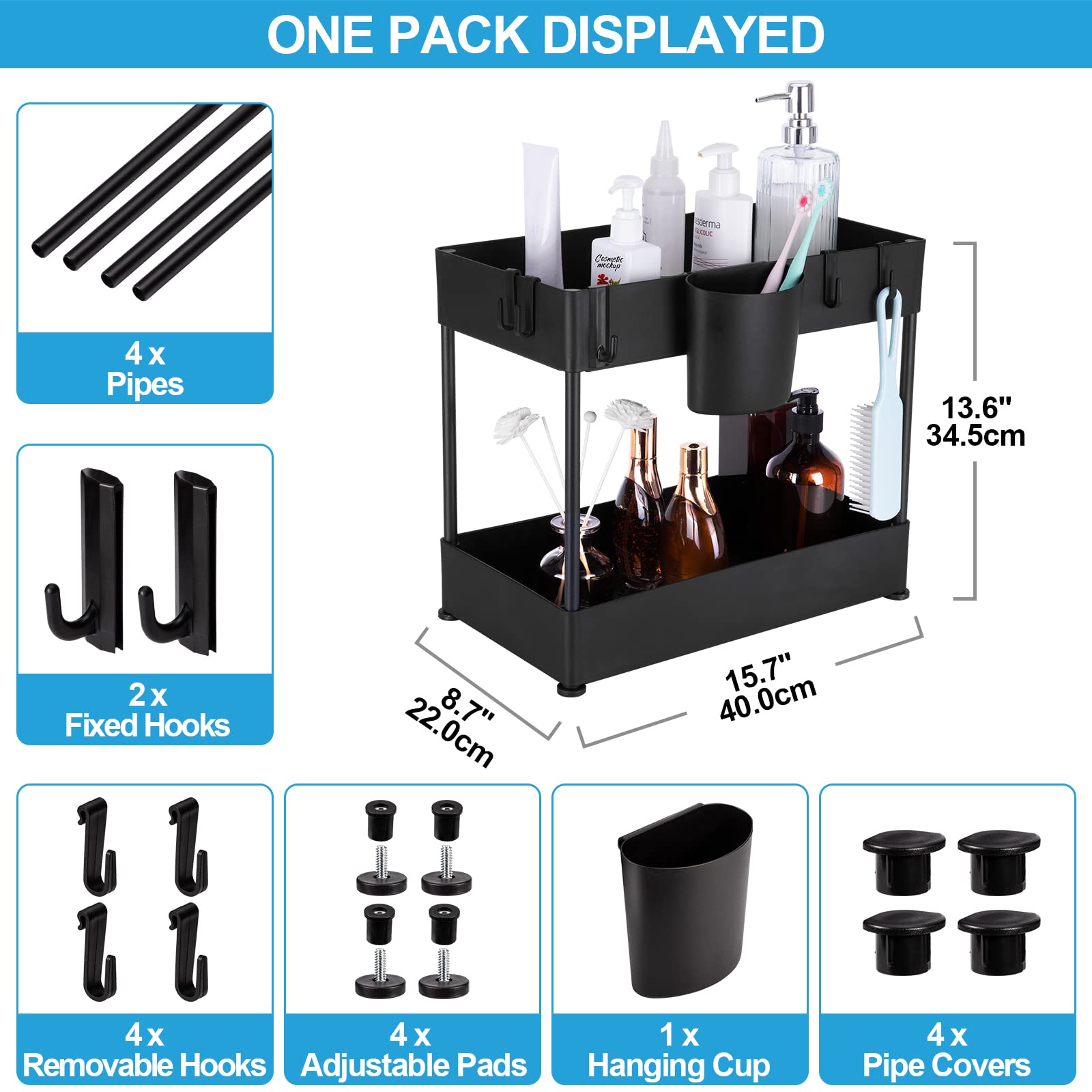 Spurtar 2 Pack Under Sink Organizers and Storage, 2 Tier Bathroom Under Cabinet Storage Multi-purpose Under Sink Storage Rack Bath Collection Baskets for Kitchen with 2 Cups and 12 Hooks, Black