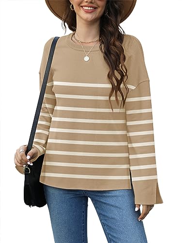 Disamer Women's 2025 Casual Oversized Sweaters Fall Clothes Trendy Long Sleeve Crew Neck Pullover Tunic Tops,Stripe Khaki,Large