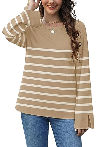 Disamer Women's 2025 Casual Oversized Sweaters Fall Clothes Trendy Long Sleeve Crew Neck Pullover Tunic Tops,Stripe Khaki,Large