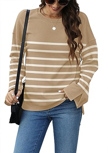 Disamer Women's 2025 Casual Oversized Sweaters Fall Clothes Trendy Long Sleeve Crew Neck Pullover Tunic Tops,Stripe Khaki,Large