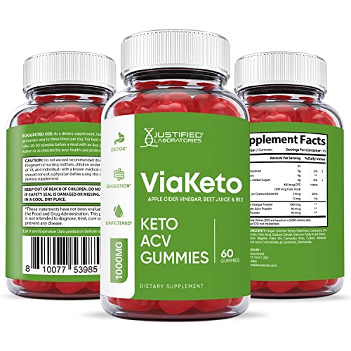 Justified Laboratories (3 Pack) Viaketo Keto Gummies 1000MG Via Keto ACV with Pomegranate Juice Beet Root B12 180 Gummys