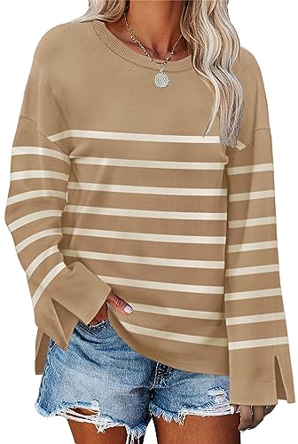 Disamer Women's 2025 Casual Oversized Sweaters Fall Clothes Trendy Long Sleeve Crew Neck Pullover Tunic Tops,Stripe Khaki,Large