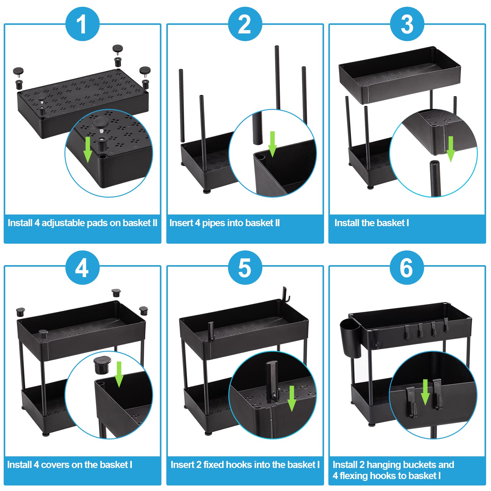 Spurtar 2 Pack Under Sink Organizers and Storage, 2 Tier Bathroom Under Cabinet Storage Multi-purpose Under Sink Storage Rack Bath Collection Baskets for Kitchen with 2 Cups and 12 Hooks, Black