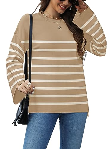 Disamer Women's 2025 Casual Oversized Sweaters Fall Clothes Trendy Long Sleeve Crew Neck Pullover Tunic Tops,Stripe Khaki,Large