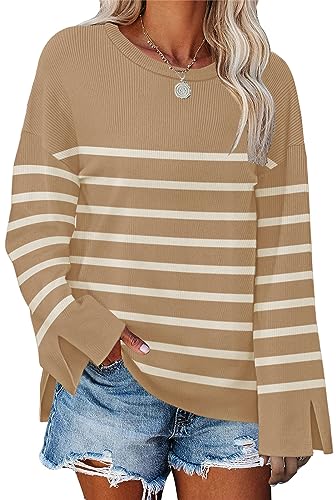 Disamer Women's 2025 Casual Oversized Sweaters Fall Clothes Trendy Long Sleeve Crew Neck Pullover Tunic Tops,Stripe Khaki,Large
