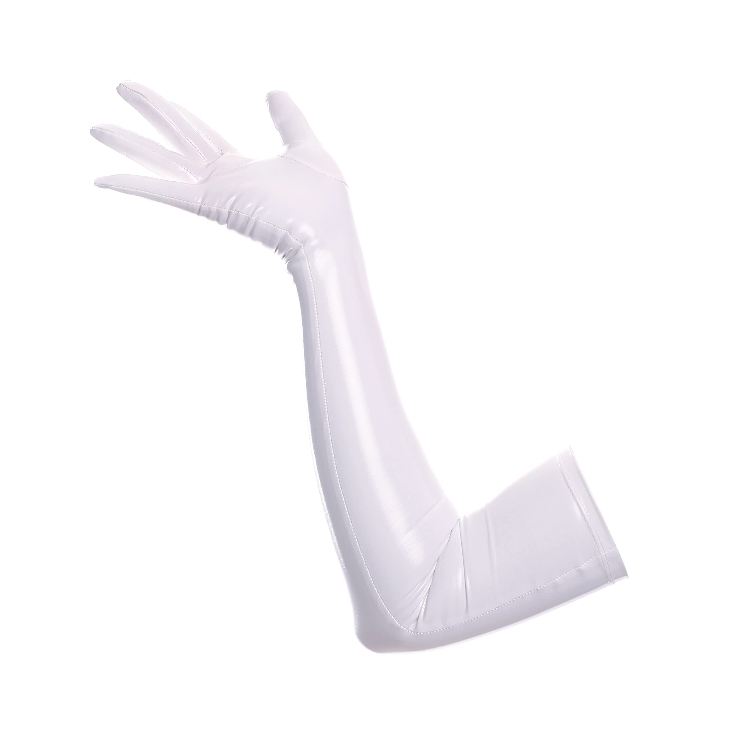 Ftshist Long Sexy Shiny Latex Elbow Length Gloves Patent Leather Long Arm Gloves for Women (White, 24'' M)