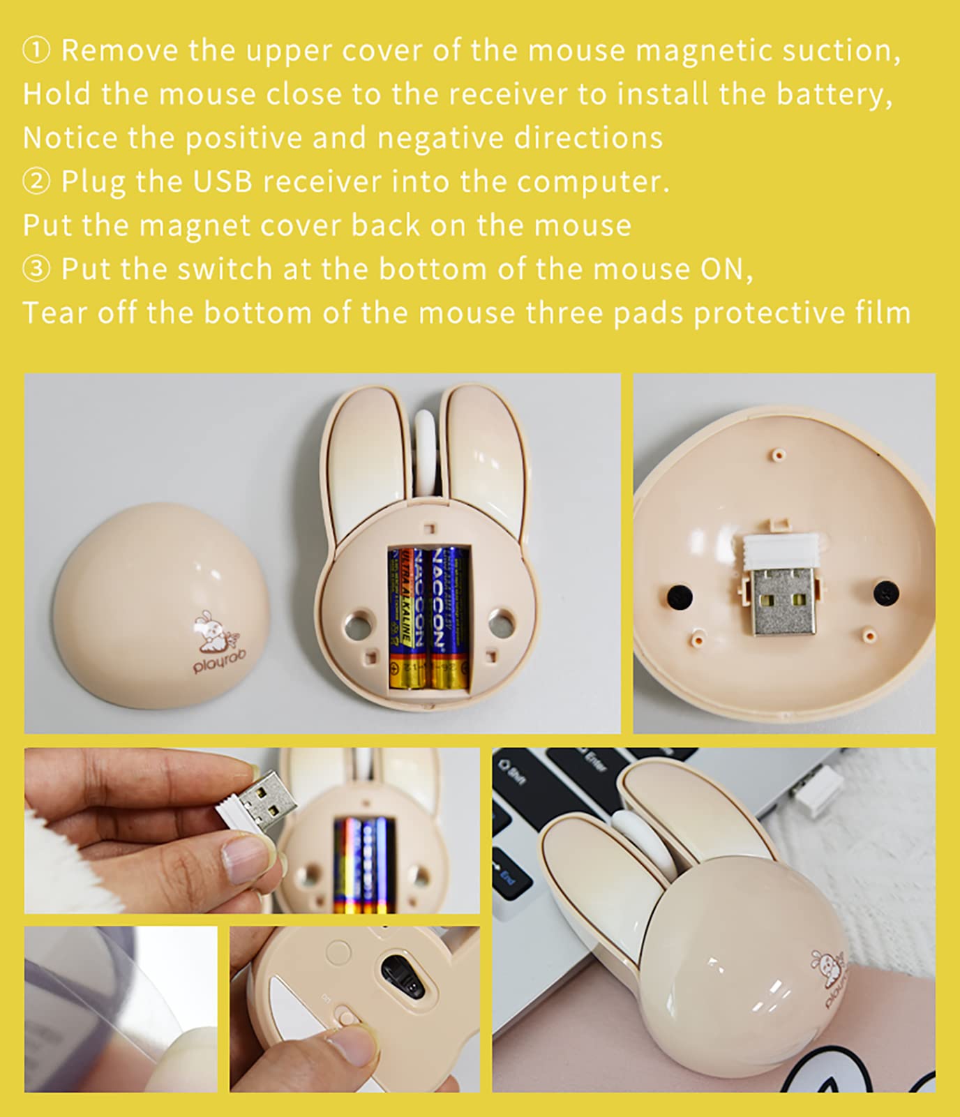 Lomiluskr Cute Bunny Wireless Mouse, Lightweight Soundless Mouse, 2.4G Wireless Mice, Candy Colors, Kawaii Rabbit Mouse for Girls and Kids (Green Bunny)