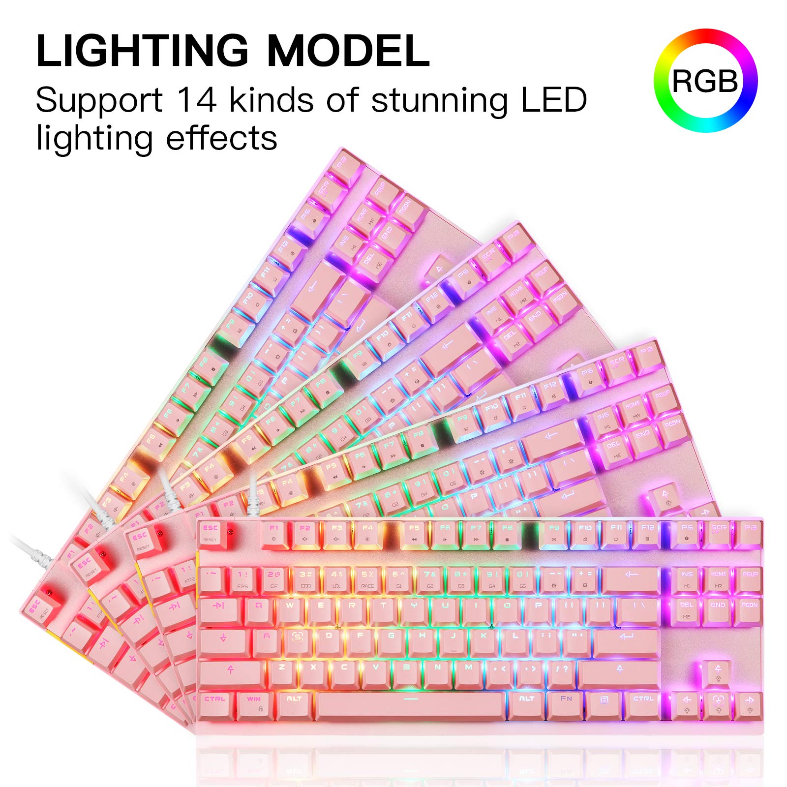 MOTOSPEED Professional Gaming Mechanical Keyboard RGB Led Backlit Wired with Anti-Dust Proof Switches for Gaming Keyboard for Mac & PC (Pink, 87 Key Blue Switches)