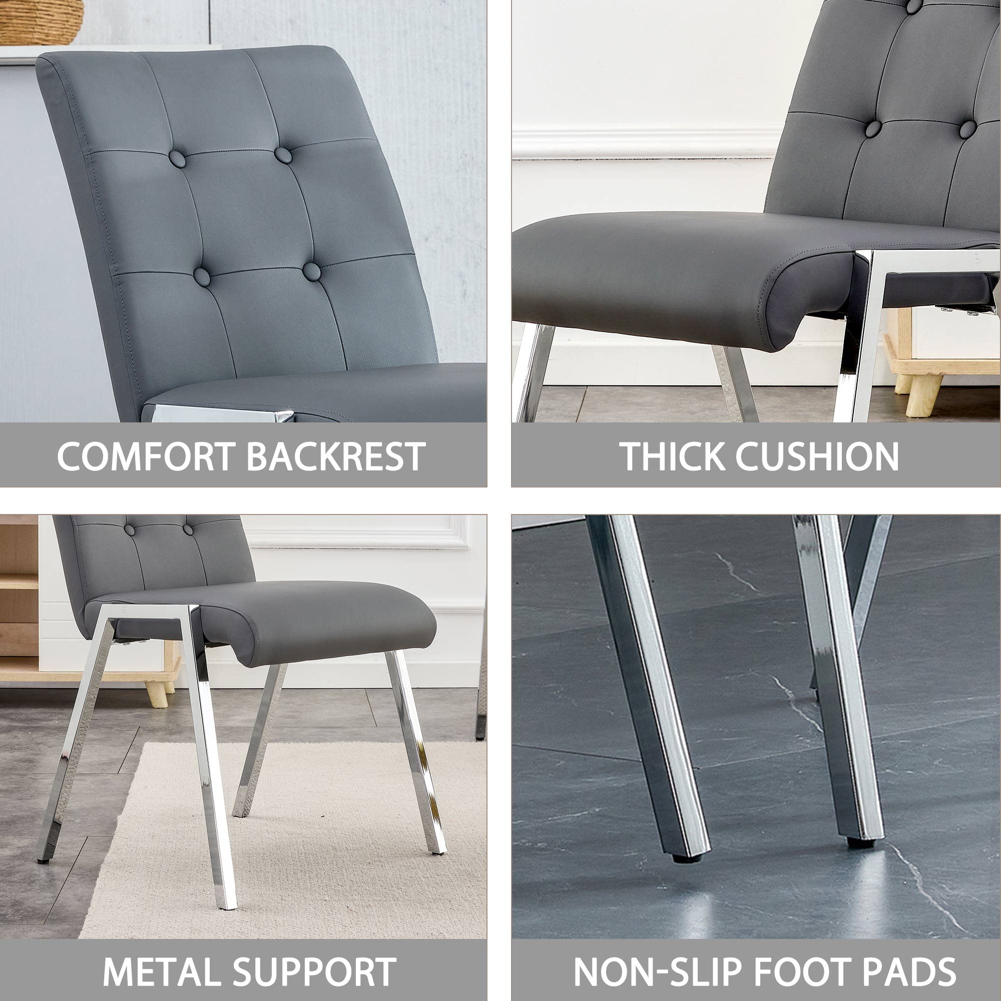 ZEnvya Dining Chairs High Back Leather Grid Side Chairs Upholstered Armless Chair with Metal Legs for Home Kitchen Living Rooms and Office (Gray 4-Piece)