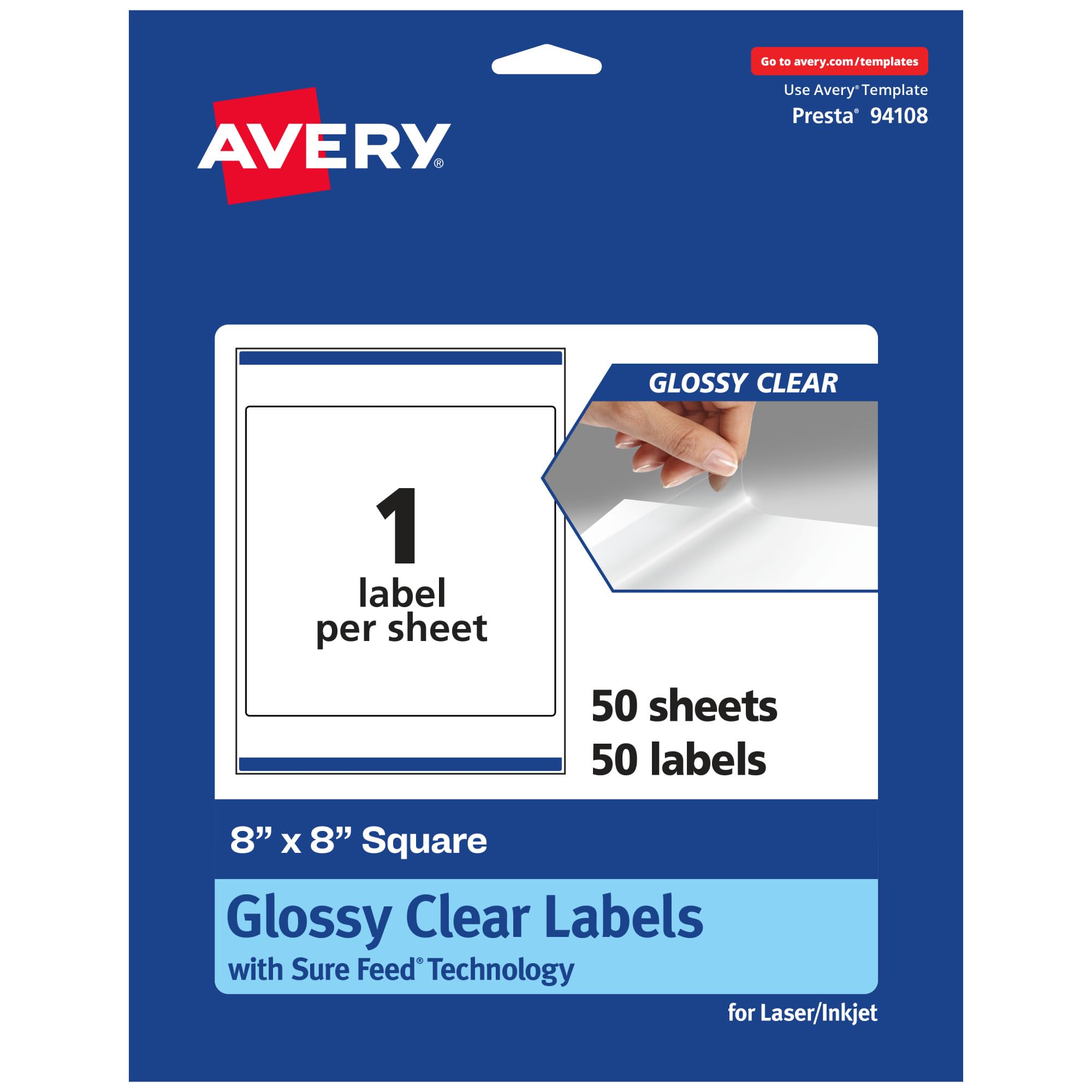 Avery Glossy Clear Square Labels with Sure Feed, 8" x 8", 50 Glossy Clear Labels, Laser/Inkjet Printable Labels