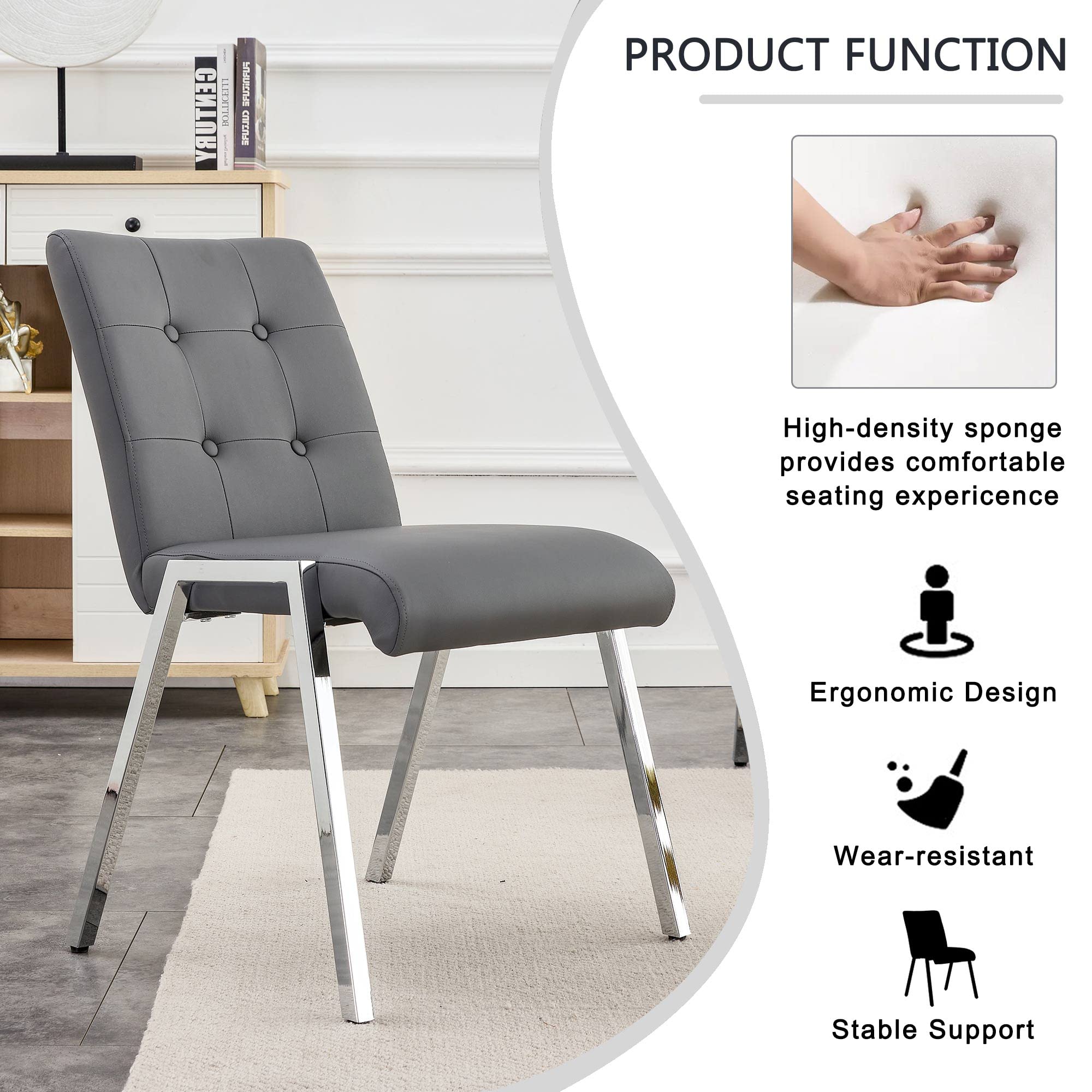 ZEnvya Dining Chairs High Back Leather Grid Side Chairs Upholstered Armless Chair with Metal Legs for Home Kitchen Living Rooms and Office (Gray 4-Piece)