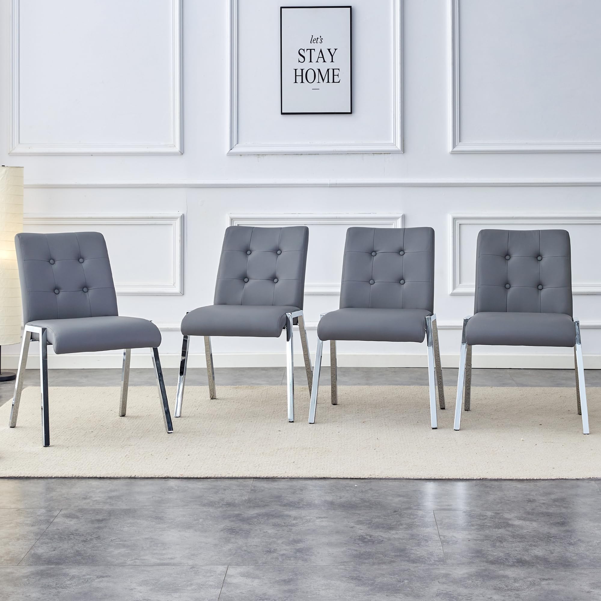 ZEnvya Dining Chairs High Back Leather Grid Side Chairs Upholstered Armless Chair with Metal Legs for Home Kitchen Living Rooms and Office (Gray 4-Piece)