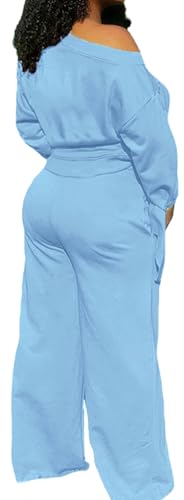 sexycherry Two Piece Sets for Women Sexy Light Blue One Off Shoulder Long Tie Knot Sleeve Wide Leg Long Sweatpants Sweatsuits with Pockets (X-Large)