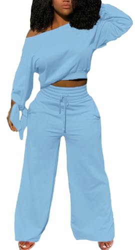 sexycherry Two Piece Sets for Women Sexy Light Blue One Off Shoulder Long Tie Knot Sleeve Wide Leg Long Sweatpants Sweatsuits with Pockets (X-Large)