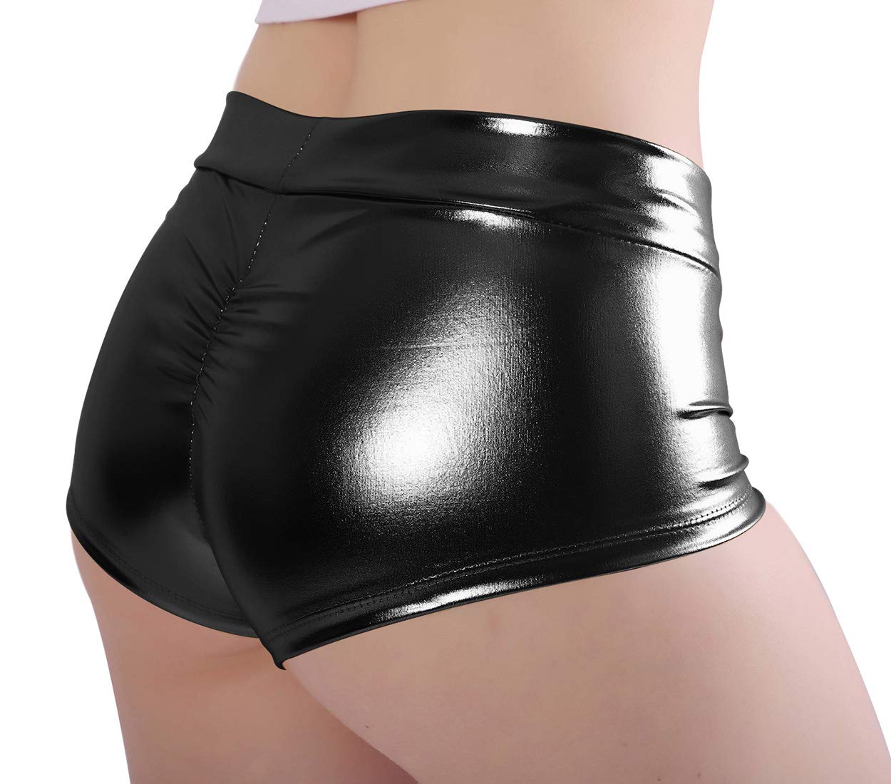 Kepblom Women's Shiny Metallic Booty Dance Shorts Hot Pants (Black, X-Large)