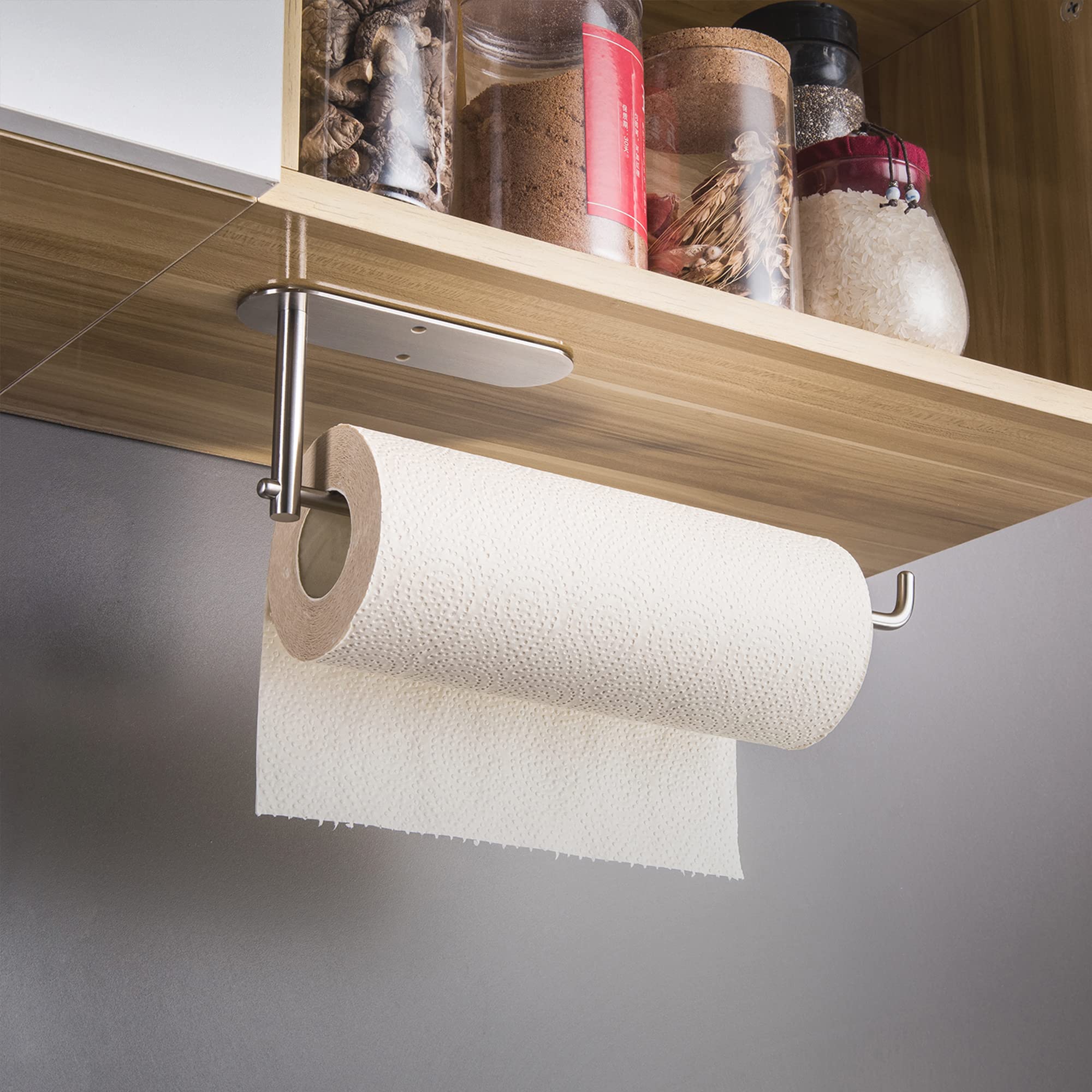 YIGII Paper Towel Holder Under Cabinet Mount - Self Adhesive Paper Towel Rack or Wall Mounted for Kitchen, 12 Inch Bar - Fit All Roll Sizes, Stainless Steel