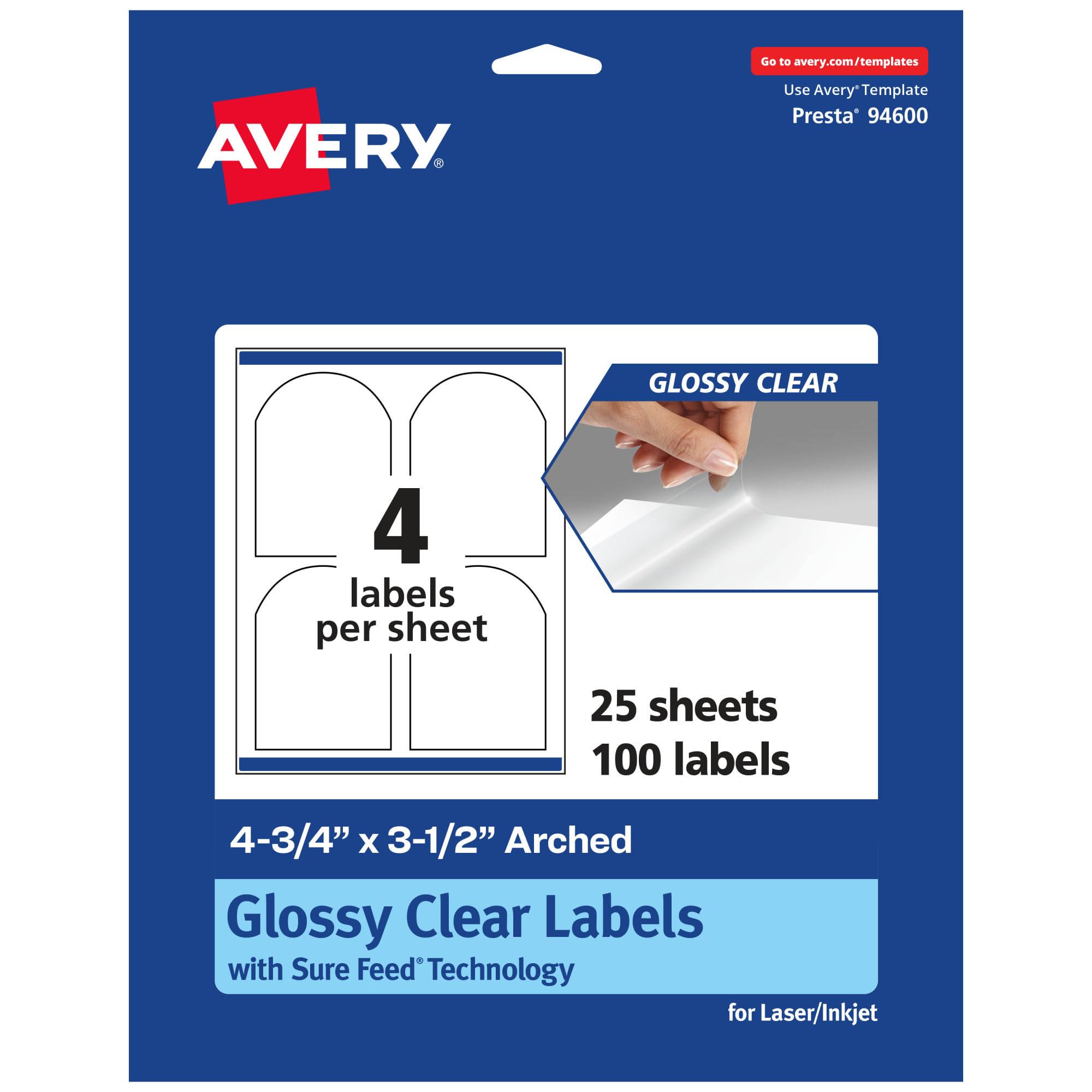 Avery Glossy Clear Arched Labels with Sure Feed, 4.75" x 3.5", 100 Glossy Clear Labels, Print-to-The-Edge, Laser/Inkjet Printable Labels