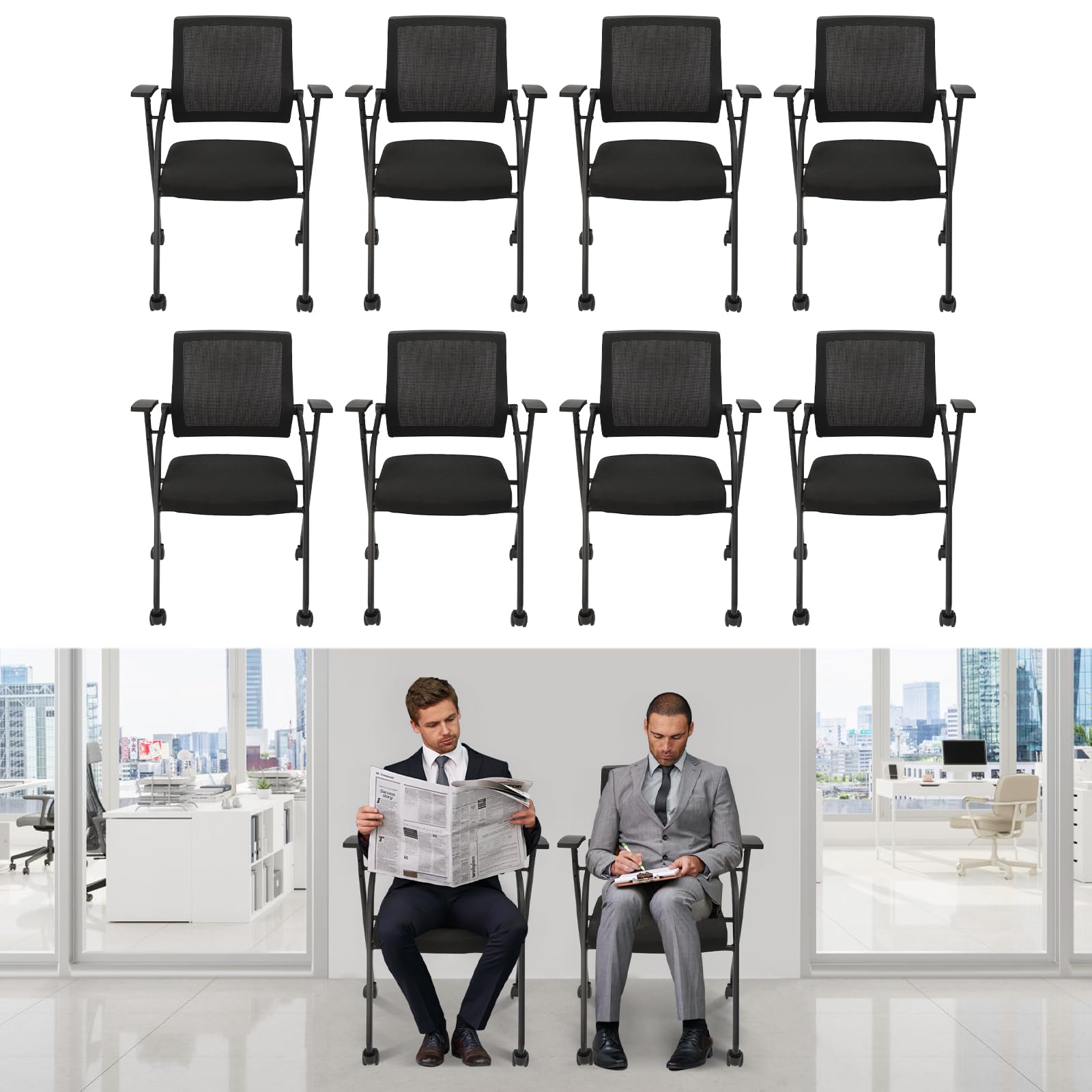 LOHISHILO 8pcs Mesh Guest Reception Stack Chair with Caster Arms for Office Conference, Reception, Training Room Chair, Schools, Meeting Rooms, Step Classrooms, Churches, Homes