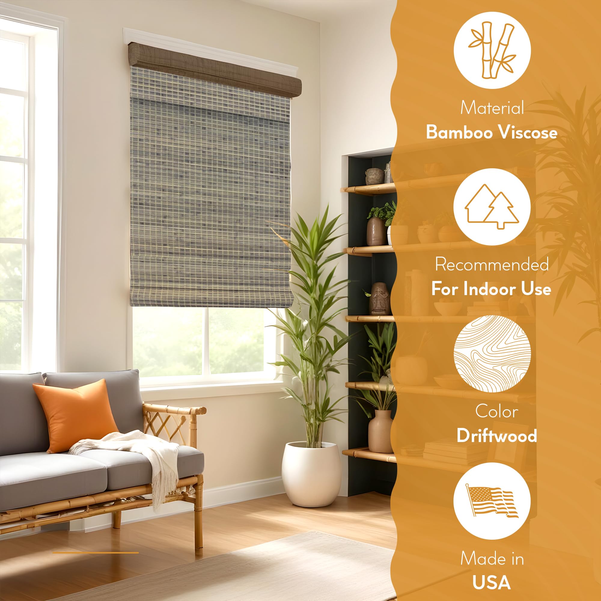 Radiance 2208866E Cordless Roman Shade, 46" W x 64" L, Driftwood