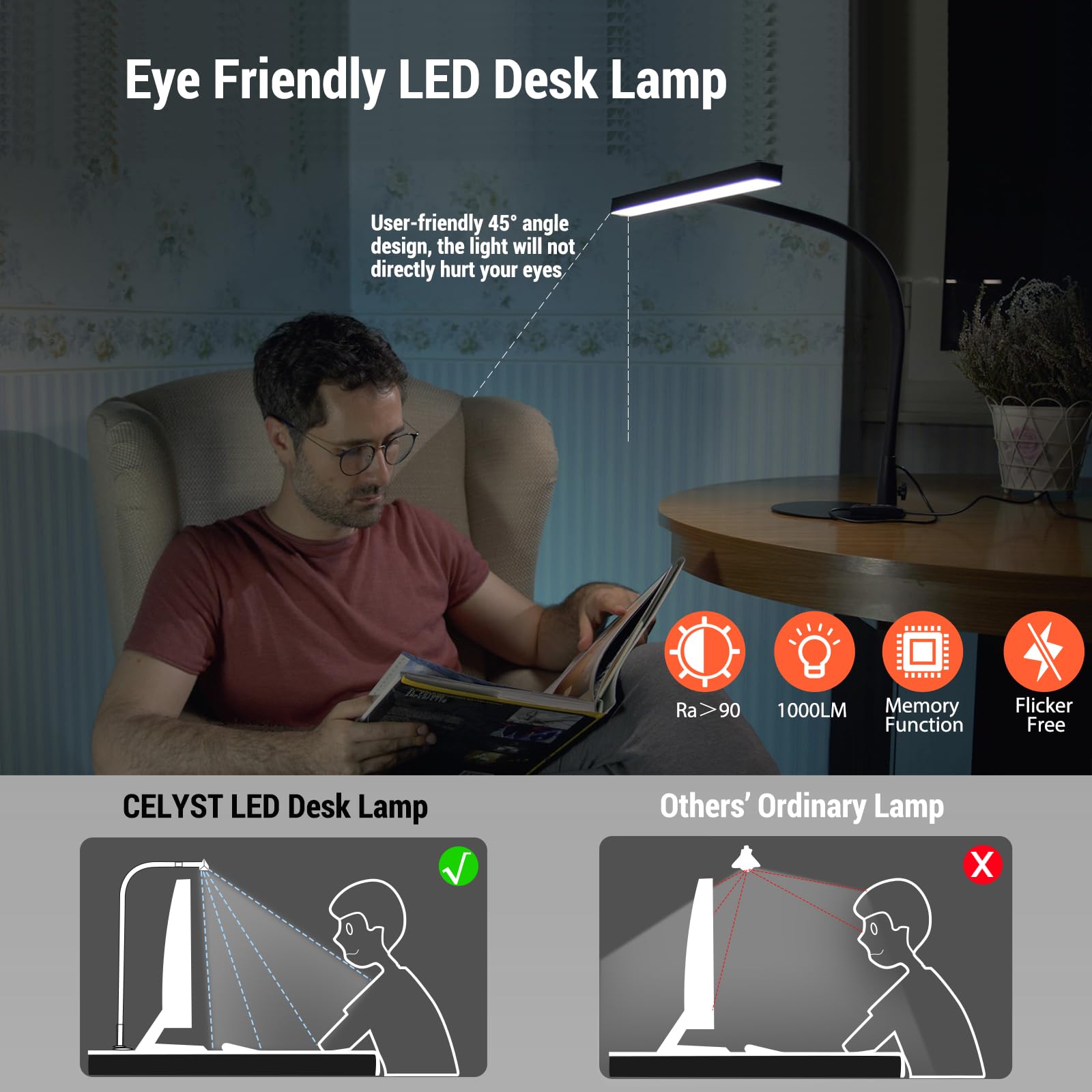 CELYST LED Desk Lamp, 10W Architect Desk Light with Flexible Gooseneck for Home Office, 3 Color Modes & 30 Brightness Levels Reading Lamp, Bright Tall Task Light for Piano, Computer, Table, Black