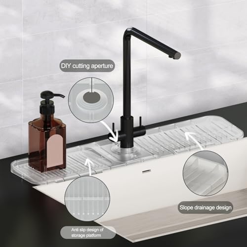 Hiborth Universal Faucet Draining Mat Faucet Draining Mat Non-slip Silicone Quick Drying Foldable Bathroom Kitchen Sink Splash Guard Faucet Draining Pad Transparent 2XL