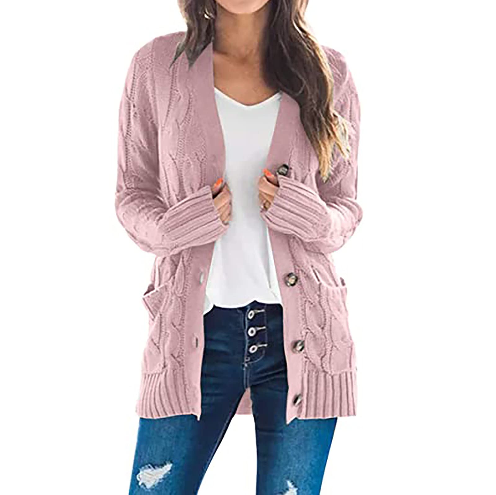 Coupons for Prime Amazon Members Women's Cardigan Chunky Open Front Button Sweaters with Pockets Loose Slouchy Oversized Fall Outerwear Coat Chunky Cardigan Women Pink 2X