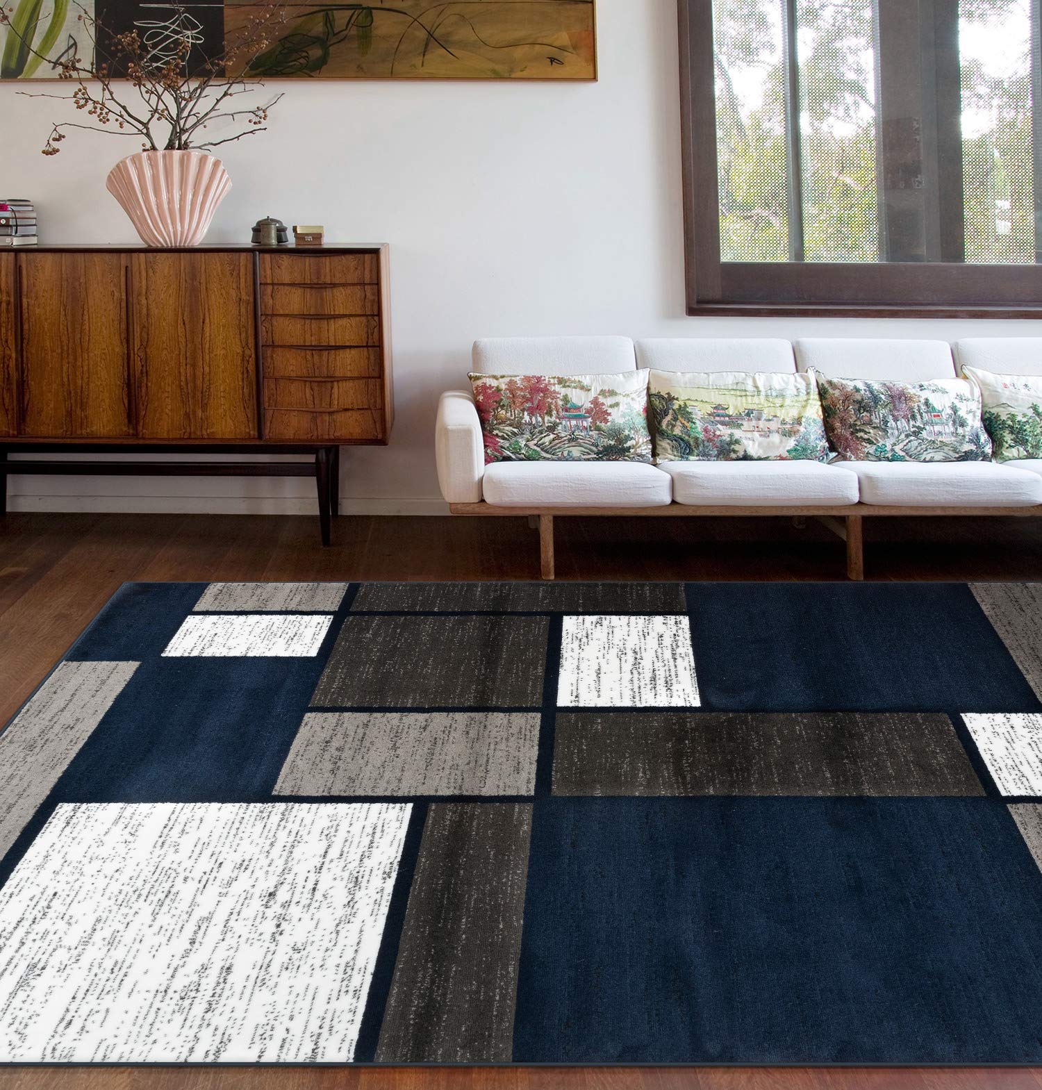 Rugshop Contemporary Modern Boxes Area Rug 3'3" x 5'3" Navy